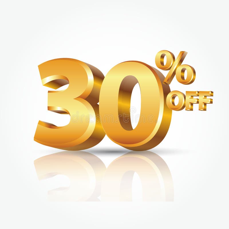 3d Vector Shiny Gold 30 Percent Off Text With Reflection Isolated On