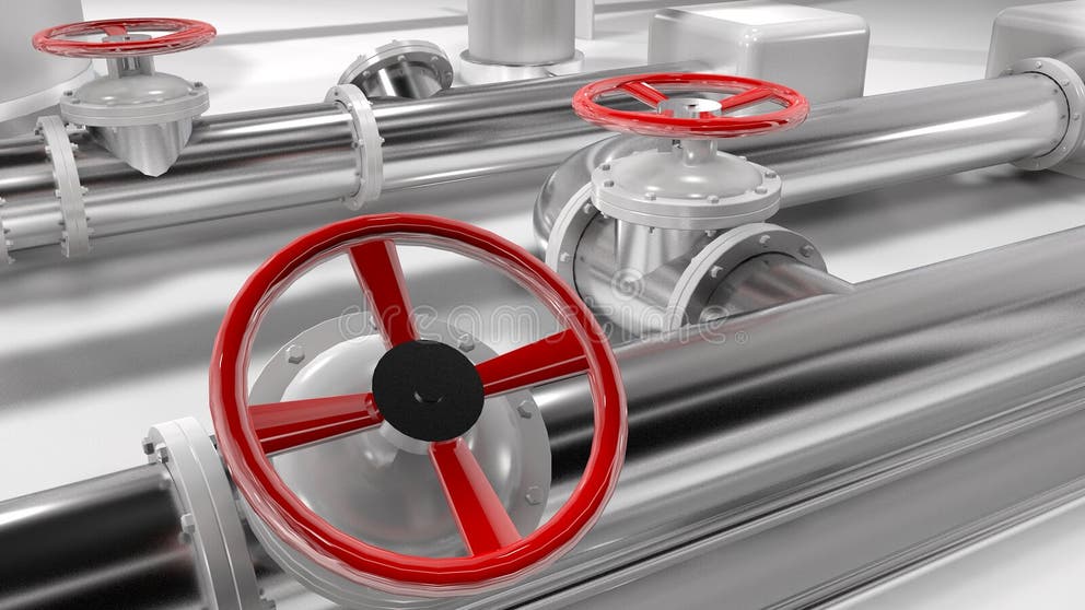 3D Shiny Metallic Pipes and Red Control Wheels in a Pipes Structure ...