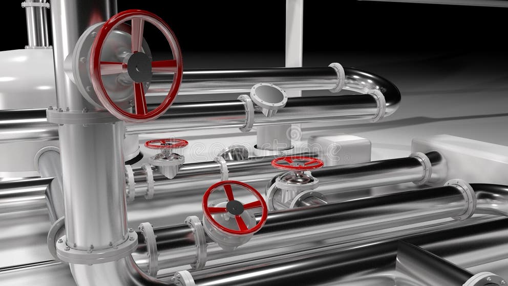 3D Shiny Metallic Pipes and Red Control Wheels in a Pipes Structure ...