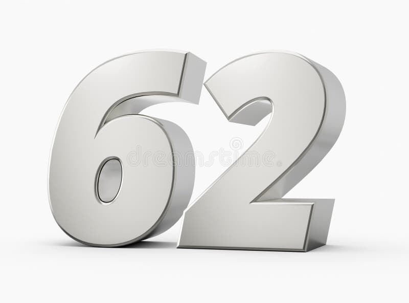 3d Shiny Silver Number 62, Sixty Two 3d Silver Number Isolated on White ...