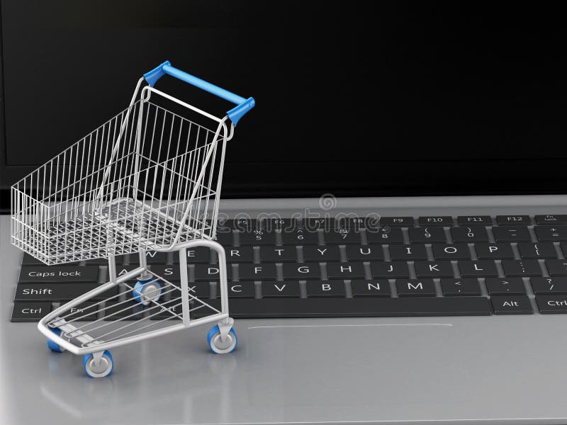 3d Shopping Cart on Laptop. E-commerce Concept Stock Illustration ...