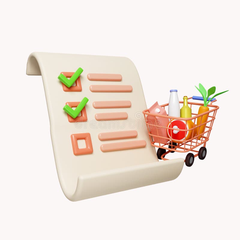 3d Shopping List with Correct Mark and Shopping Shopping Cart. Order ...