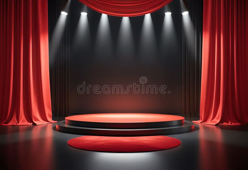 3D Showcase Stage Mockup with Red Curtain Stock Illustration ...