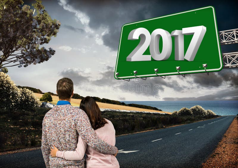 3D 2017 Sign Board Against Composite Image of Couple on Road Stock ...