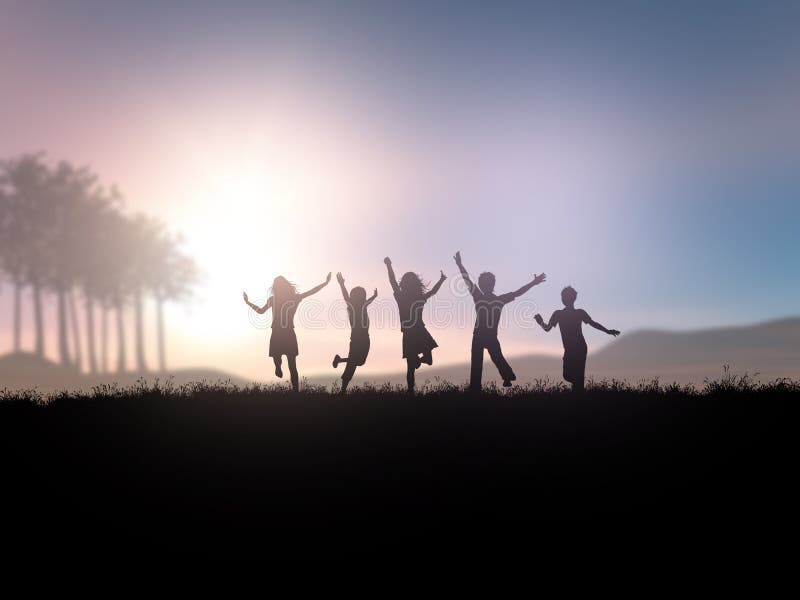 3D Silhouette of Children Playing in a Sunset Landscape Stock ...