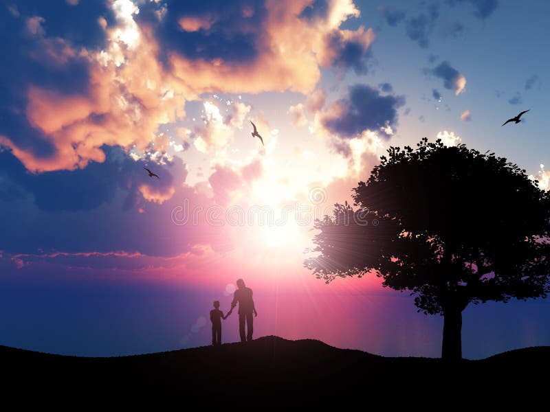 3d Silhouette Of Father And Daughter Against A Sunset Ocean Land Stock