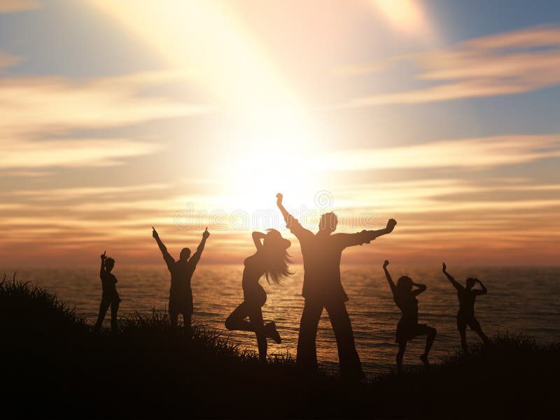 3D Silhouettes of People Dancing Against a Sunset Ocean Landscape Stock ...