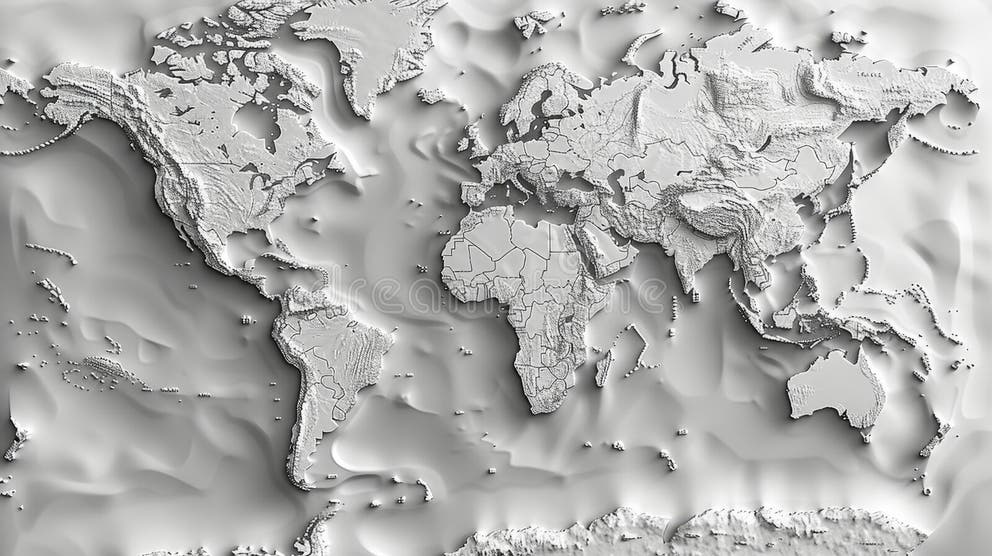 3D Silver Metallic Embossed World Map. Silver World Map Stock Image ...