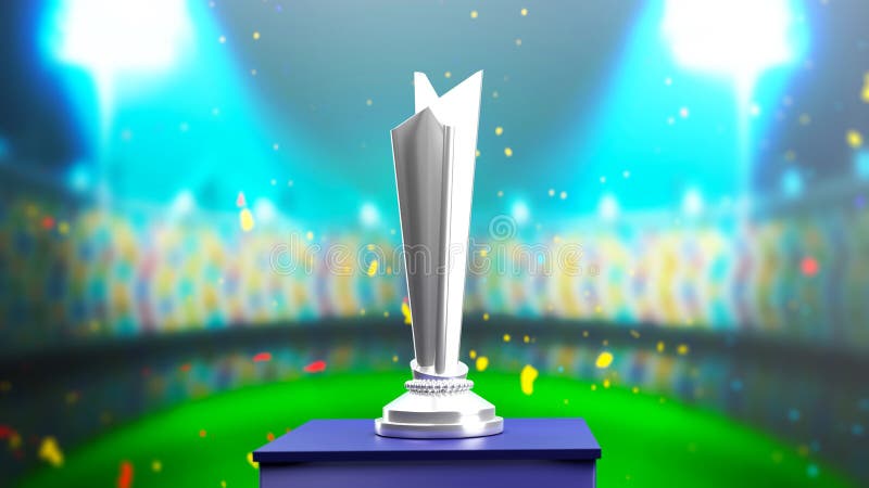 3D Silver Trophy Cup at Podium on Blurred Stadium Stock Illustration ...