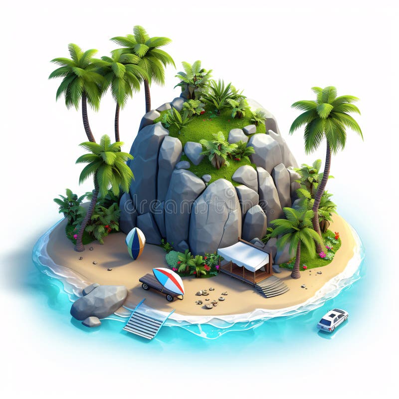 3D Simple Small Small Island by the Sea and Surfboards. Stock ...