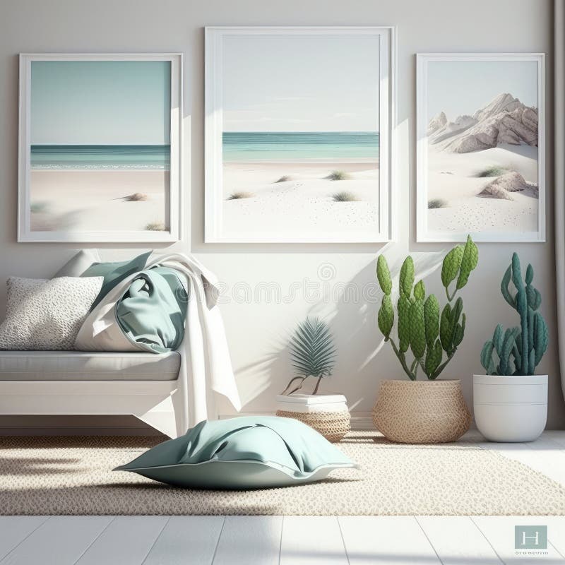 A Mock-up Living Room in 3D Rendering, with a Soft Color Palette and ...