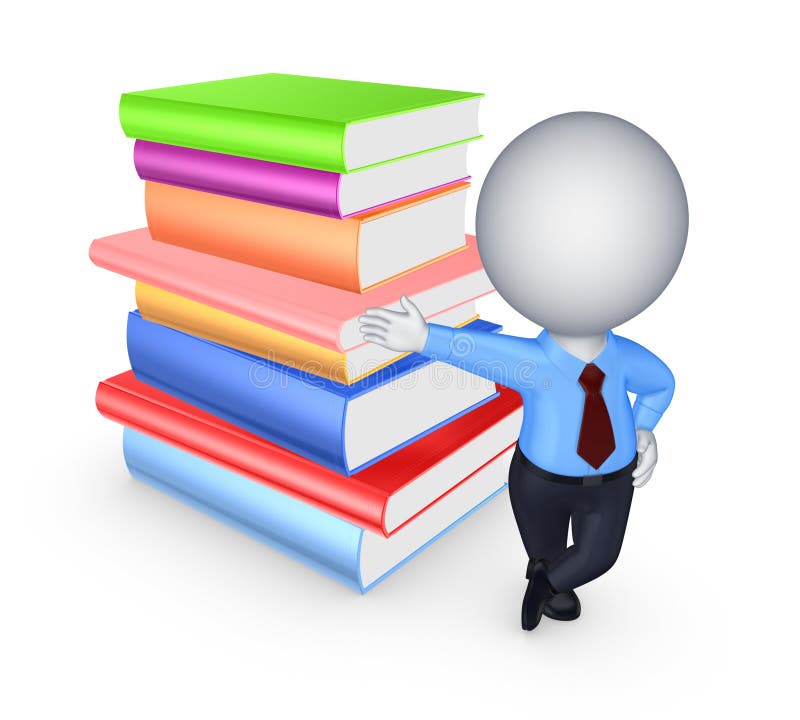 3d Small Person and Big Stack of Colorful Books. Stock Illustration ...