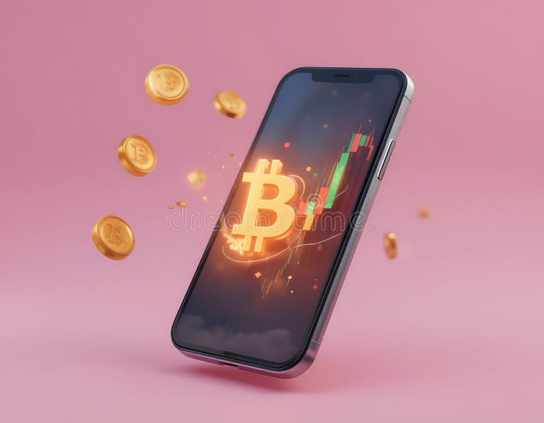 3D Smartphone and Bitcoin Trading Concept on Pink Background Stock ...