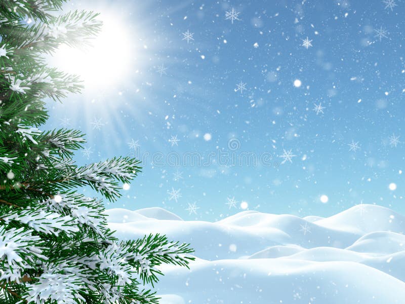 3D Snowy Christmas Tree in a Winter Landscape Stock Illustration ...