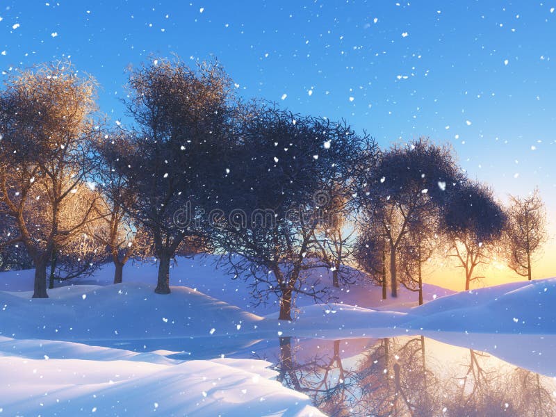 3D Snowy Winter Tree Landscape at Sunset Stock Illustration ...
