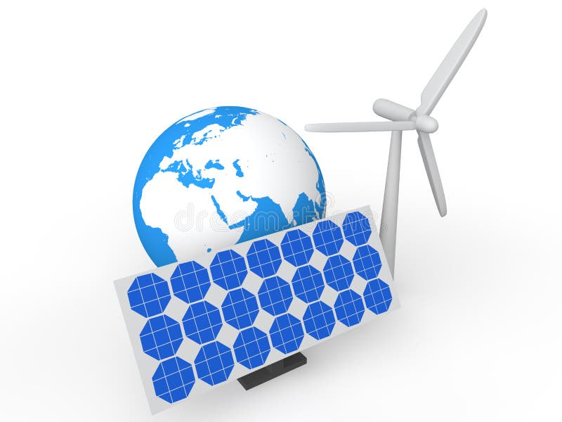 3d Solar Panel Wind Mill and Earth Globe Stock Illustration ...