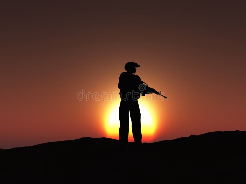 Soldier in the Sunset stock illustration. Illustration of helicopter ...