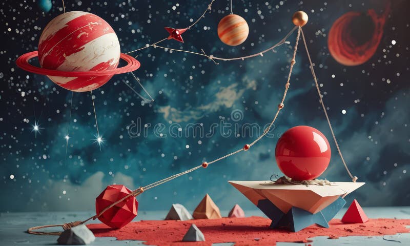 3D Space Scene Features Red and White Striped Planet, Red Sphere, and ...