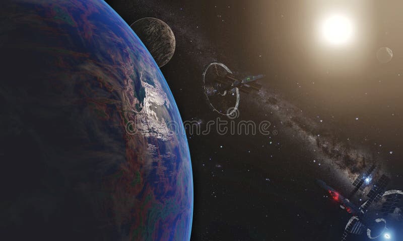 3D Space Station, Planet, Star. Moon Render Sci-Fi Interstellar, Made ...