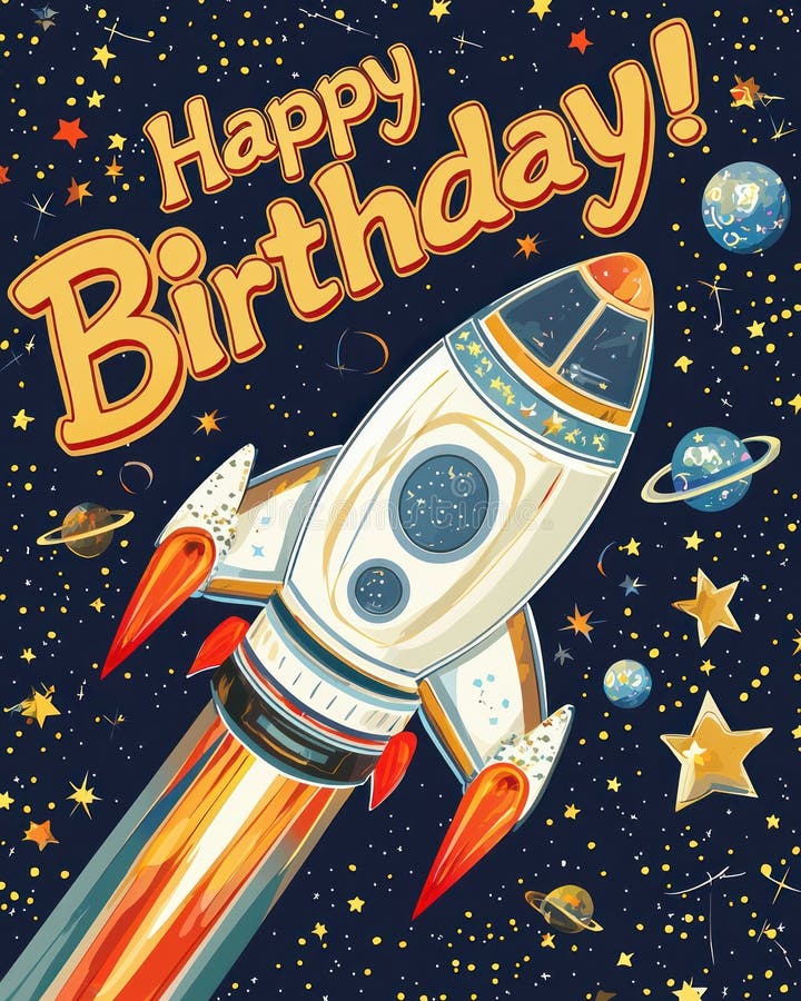 3D Spaceship Birthday Card in Starry Background Stock Illustration ...