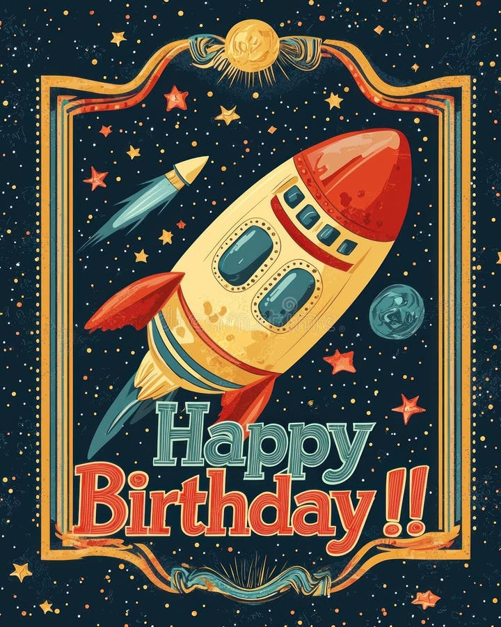 3D Spaceship Birthday Card in Starry Background Stock Illustration ...