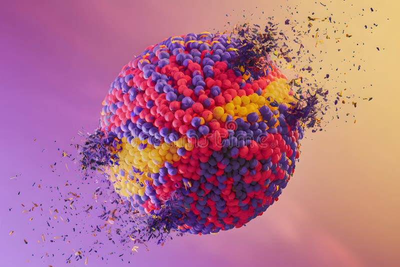 3D Sphere of Colorful Particles, Some Disintegrating, Dynamic Visual ...