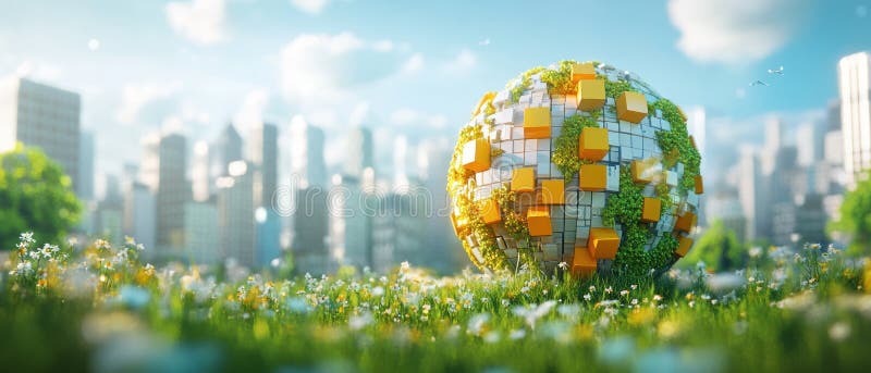 Block Sphere with Green and Yellow Elements in Front of City Skyline ...