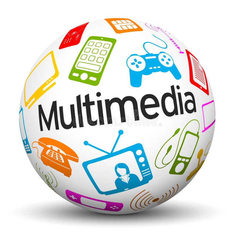 White 3D Sphere with Multimedia Icons and Text Label Stock Illustration ...