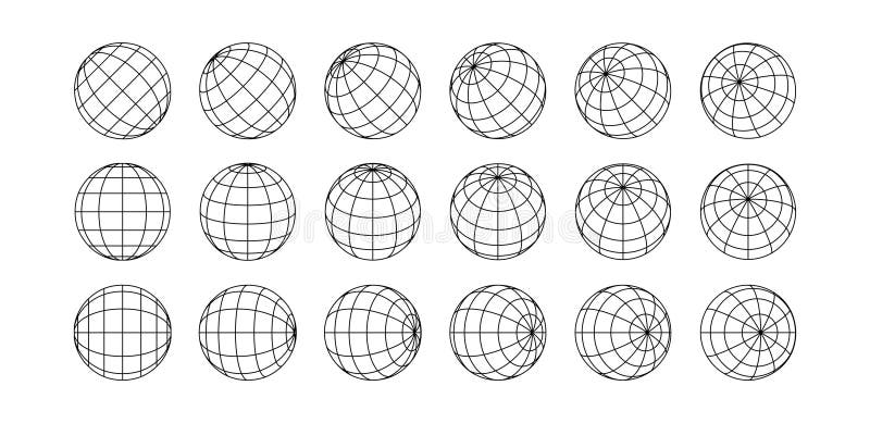 3D Spheres Grids. Globe Meshes, Ball in Various Position Stock Vector ...