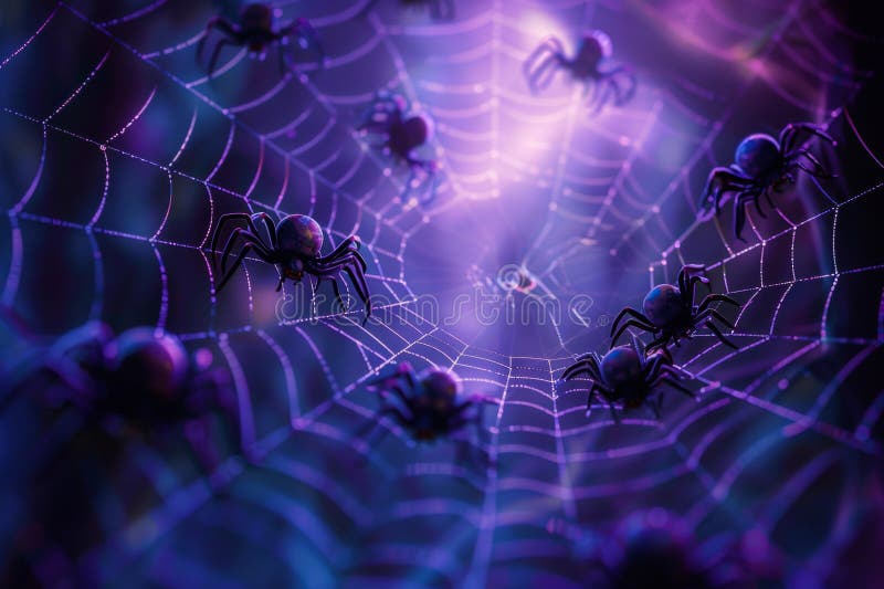 3D Spiders Crawling on Intricate Web with Glowing Purple Light ...