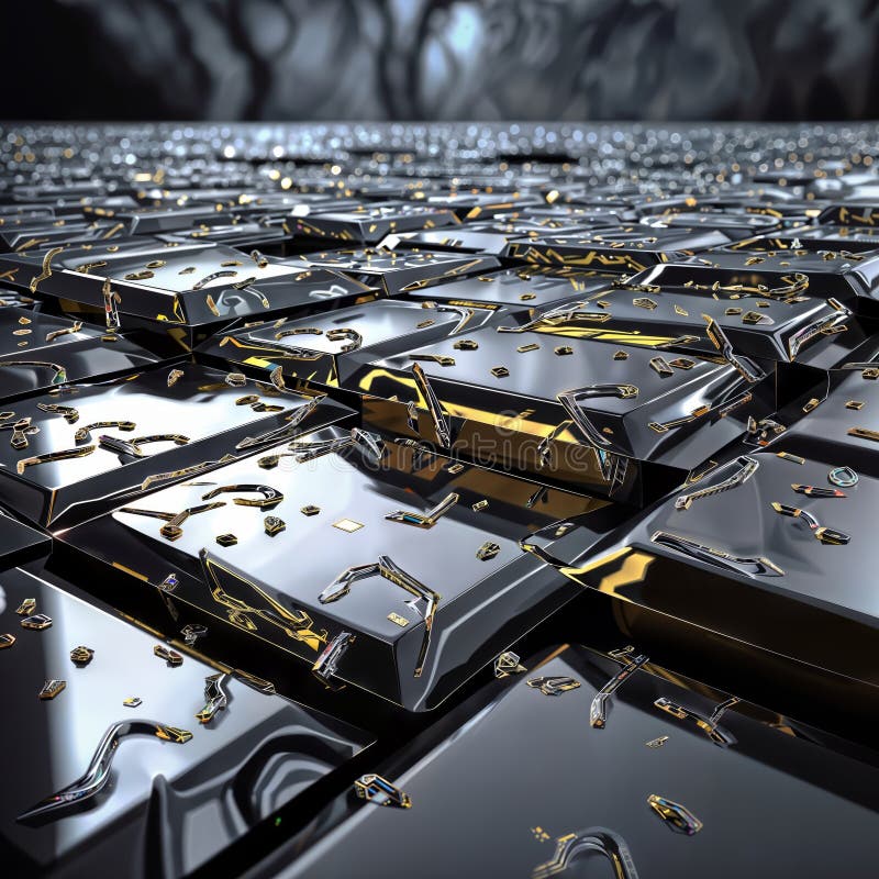 3D Square Pattern in Black and Gold, Showcasing Shiny and Reflective ...