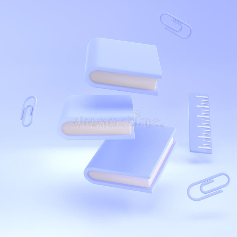 3D Stack of Closed Book and Ruler Falling Down in Air. Render ...