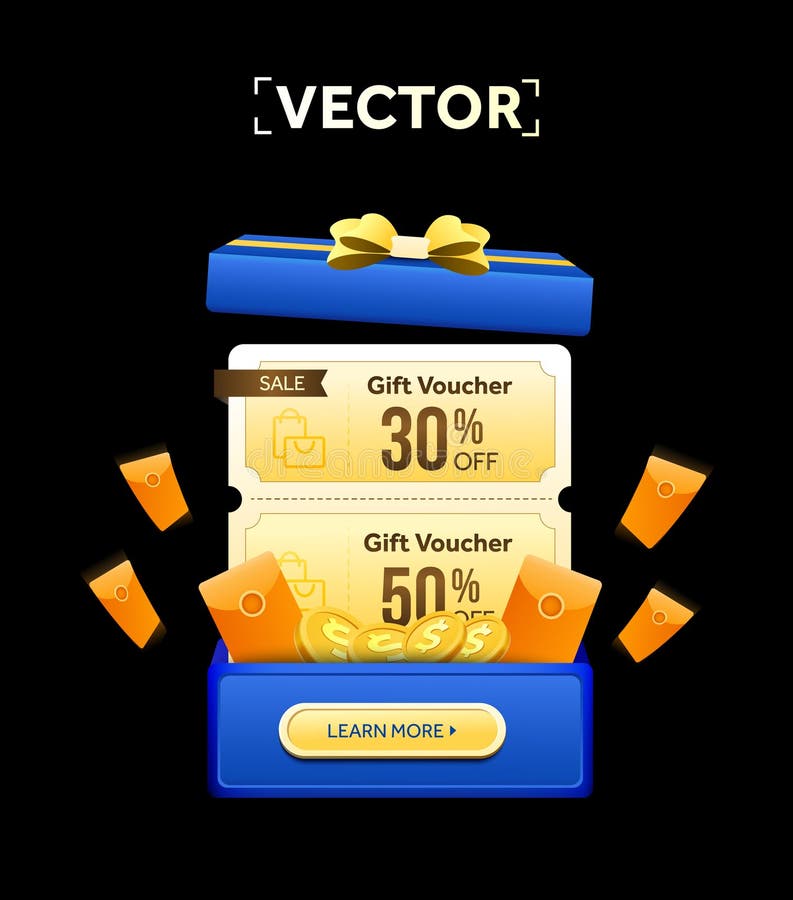 3d Stack of Coupons, Flying Up in a Opened Gift Box, Isolated on Dark ...