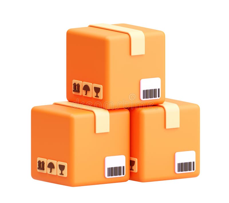 3D Stack of Parcel Boxes with Barcodes and Handling Symbols on White ...