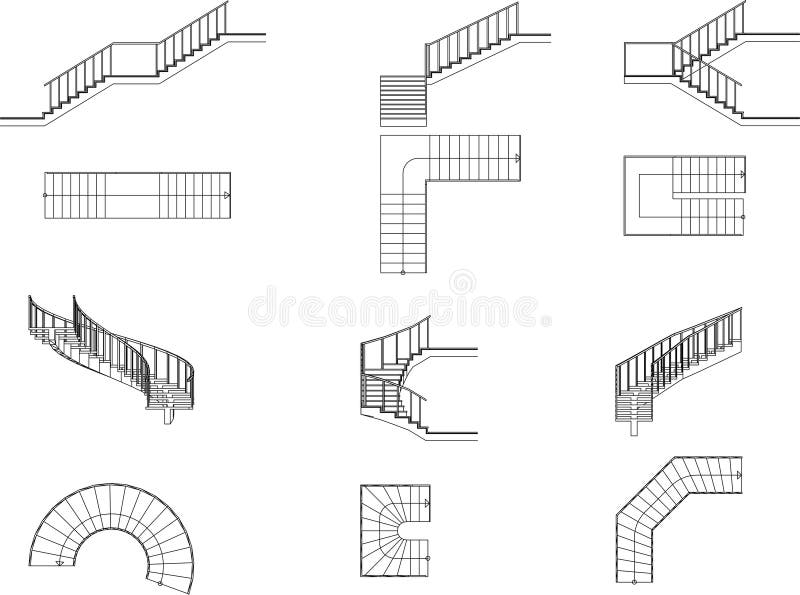 2D Stair Drawing Plans and Elevations Vector Set for Architecture and ...
