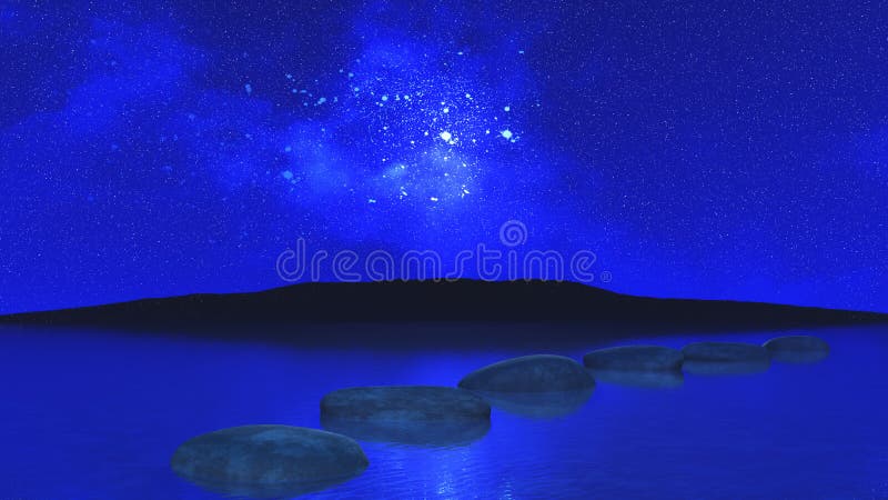 3D Stepping Stones in Ocean Against Night Sky Stock Illustration ...