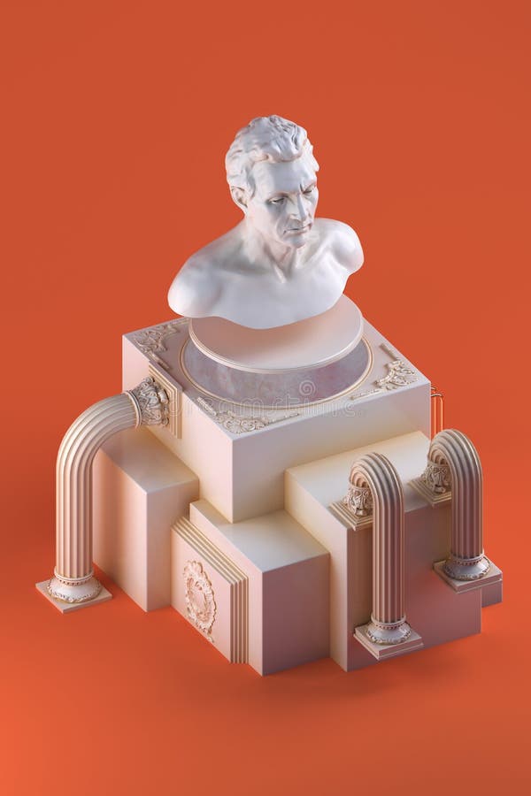 3d Still Life with Bust Statue and Architectural Forms on Orange ...