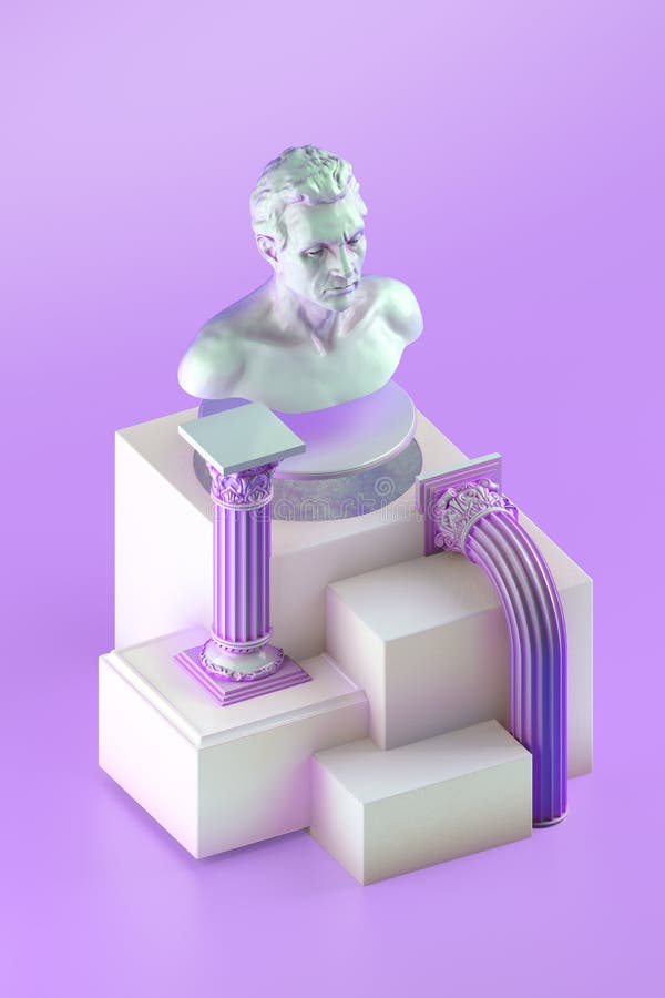3d Still Life with Bust Statue and Simple Cubic Architectural Forms on ...