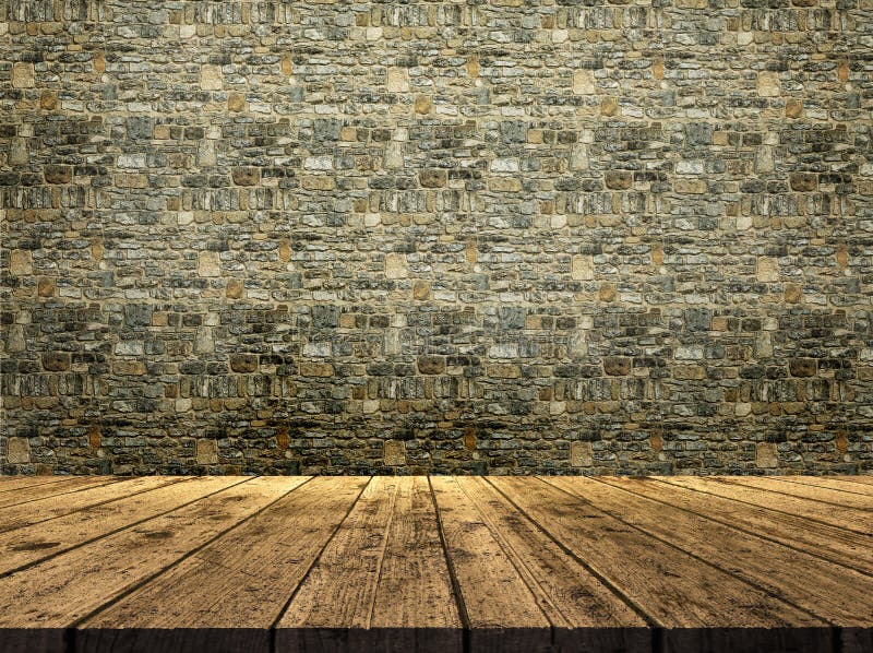 3D Stone Wall Texture with Wooden Table Stock Illustration ...