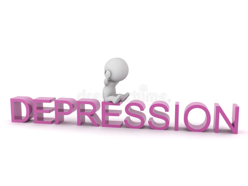 3D Stressed Character Sitting on Text Saying Depression Stock ...
