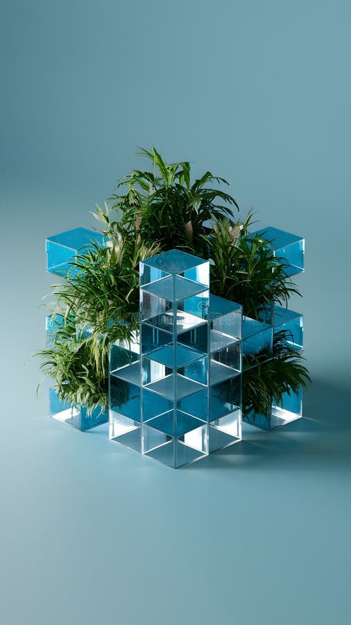 3D Structure of Transparent Cubes Hosts Green Plants Against Muted Blue ...