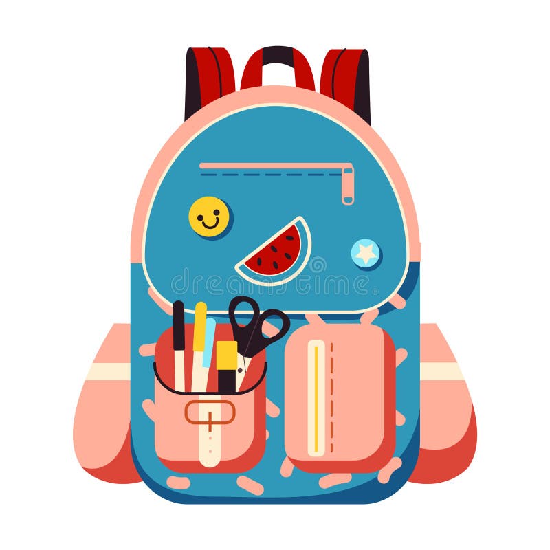 2D Student Backpack Full of Stationery on White Background Stock Vector ...