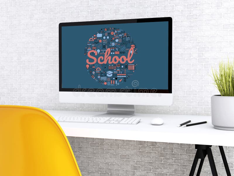 3d Student Workspace with Computer Stock Illustration - Illustration of ...