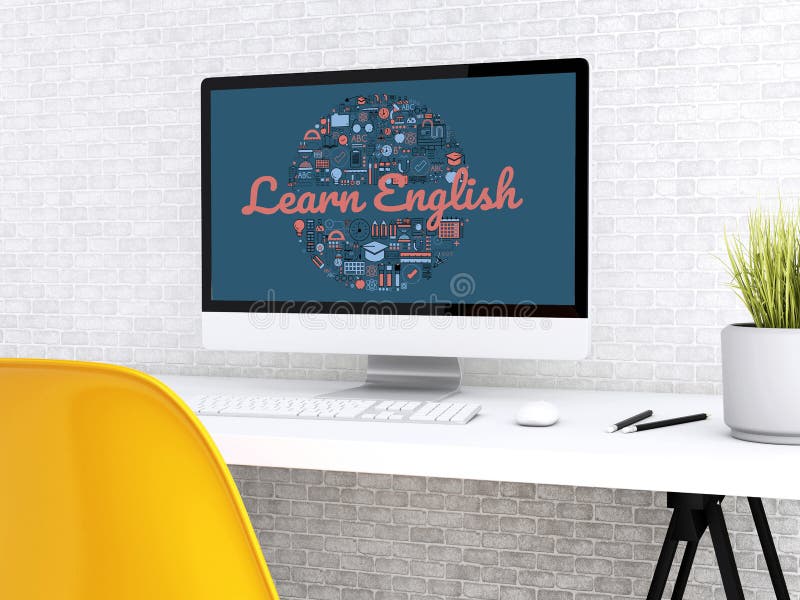 3d Student Workspace with Computer Stock Illustration - Illustration of ...