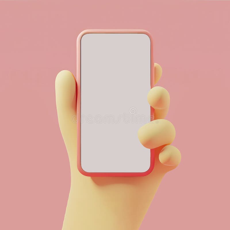 3D Style Cartoon Hand Holding a Mobile Phone with a Blank White Screen ...