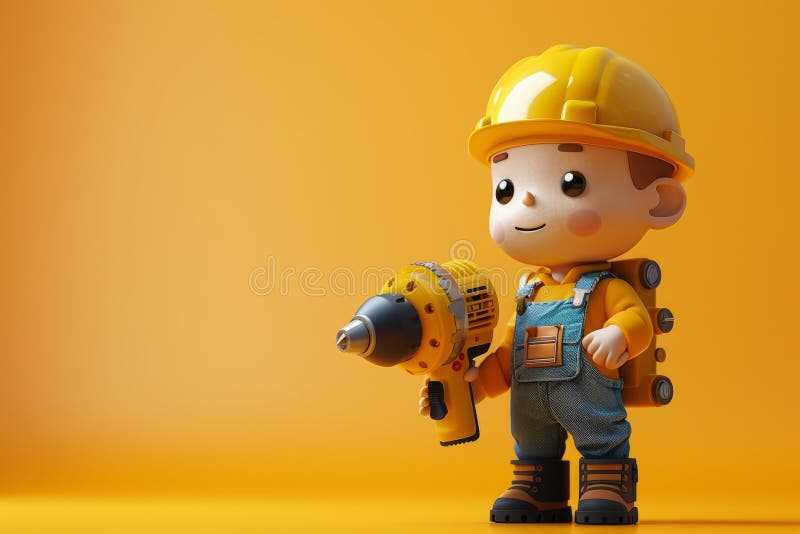 3D Style Cute Cartoon Character of a Construction Worker Holding a ...