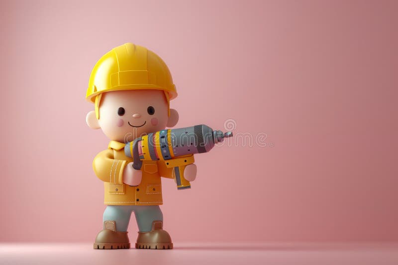 3D Style Cute Cartoon Character of a Construction Worker Holding a ...