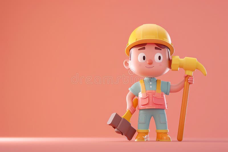 3D Style Cute Cartoon Character of a Construction Worker Holding a ...