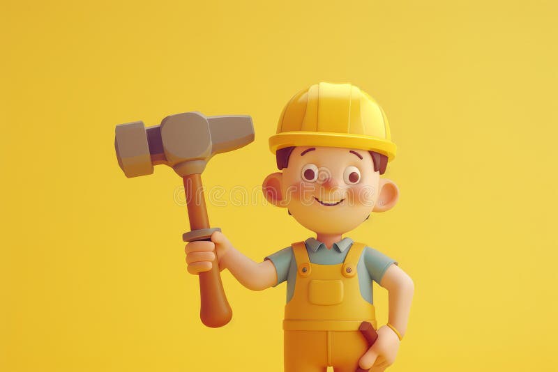 3D Style Cute Cartoon Character of a Construction Worker Holding a ...