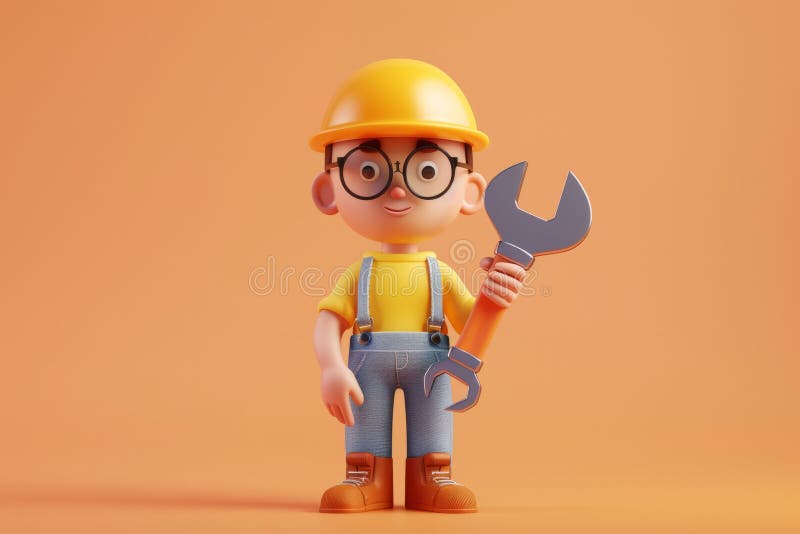 3D Style Cute Cartoon Character of a Construction Worker Holding a ...